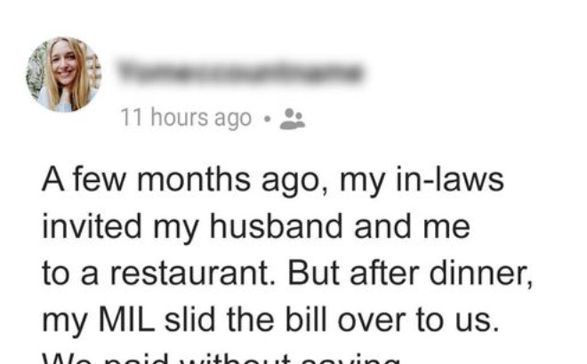 My In-Laws Invited Us To A Fancy Restaurant, Slid The Bill To My Husband And Me To Pay